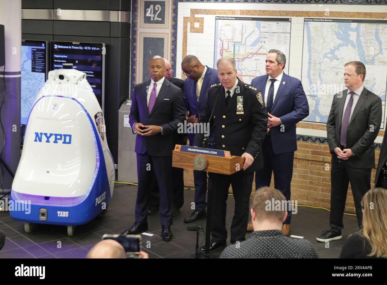 Times Square Subway Station, New York, USA, September 22, 2023 - Mayor Eric Adams makes a public ...