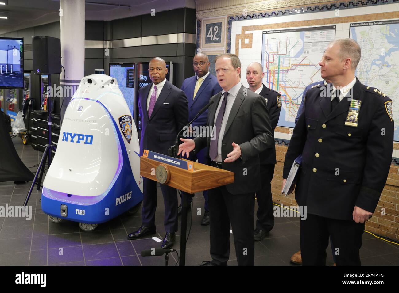 Times Square Subway Station, New York, USA, September 22, 2023 - Mayor Eric Adams makes a public ...