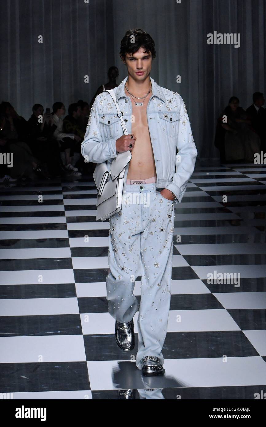 A model walks on the runway at the Versace fashion show during the ...