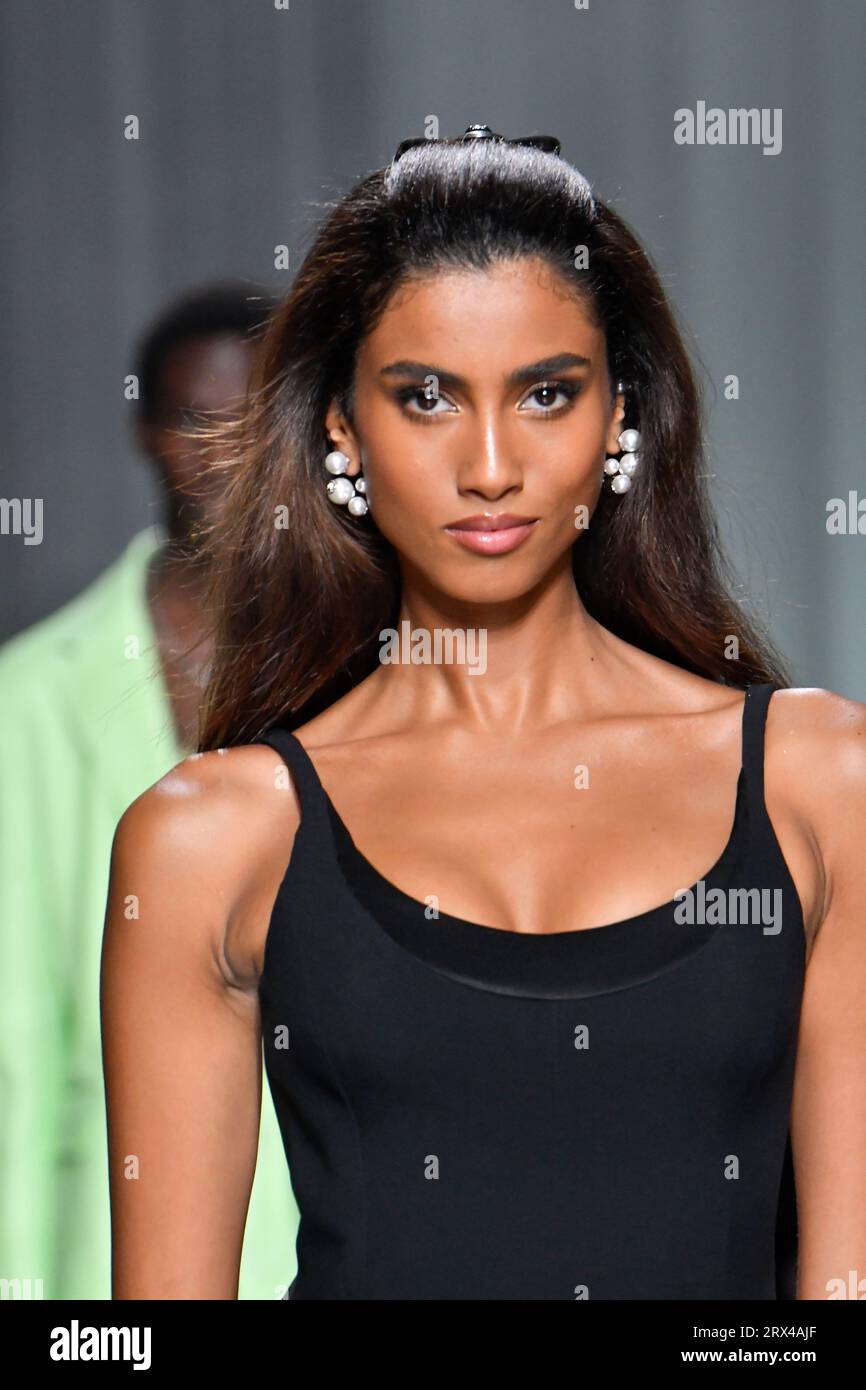 A model walks on the runway at the Versace fashion show during the ...