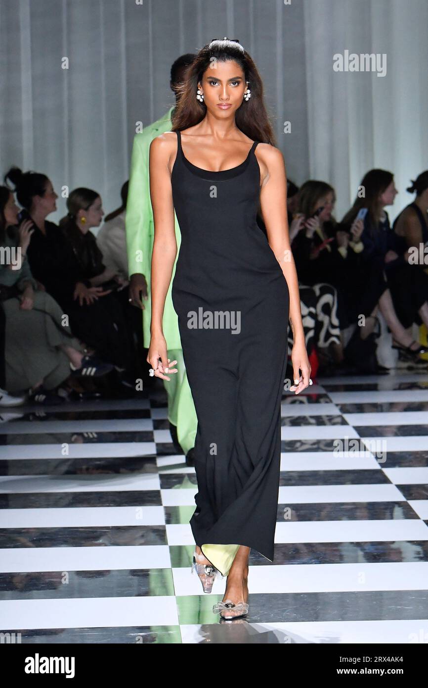 A model walks on the runway at the Versace fashion show during the ...
