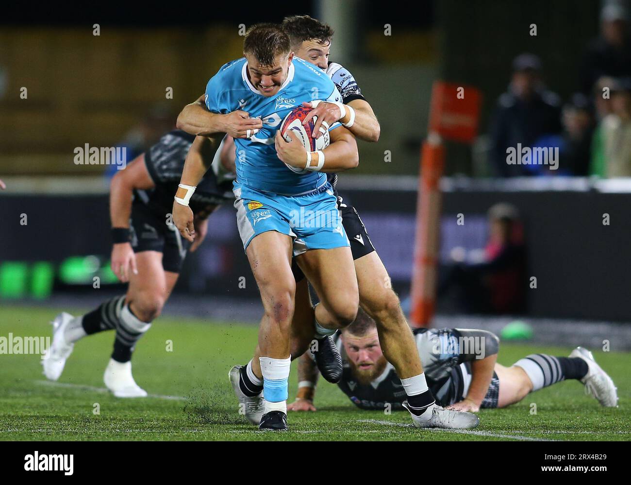 Sale Sharks's Joe Carpenter is tackled by Newcastle Falcons's Adam ...