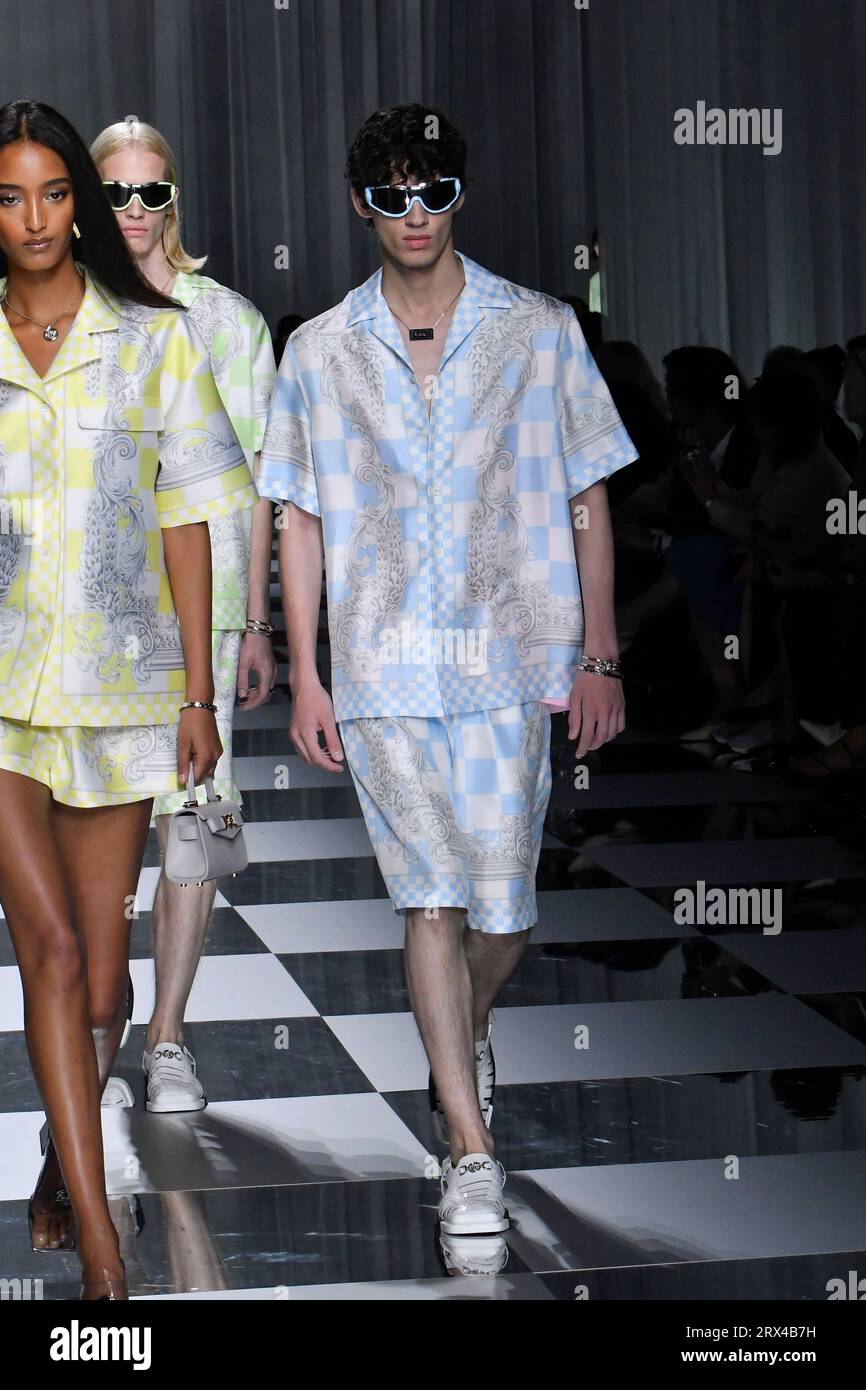 A model walks on the runway at the Versace fashion show during the ...