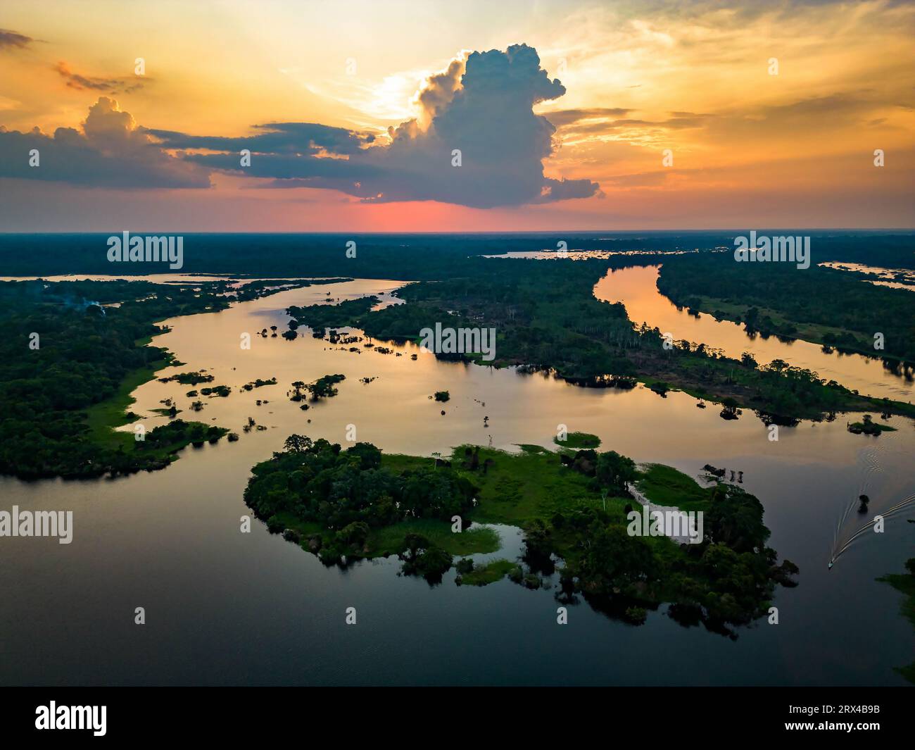 Scenic aerial sunset view of rainforest water jungle in Amazonas state ...
