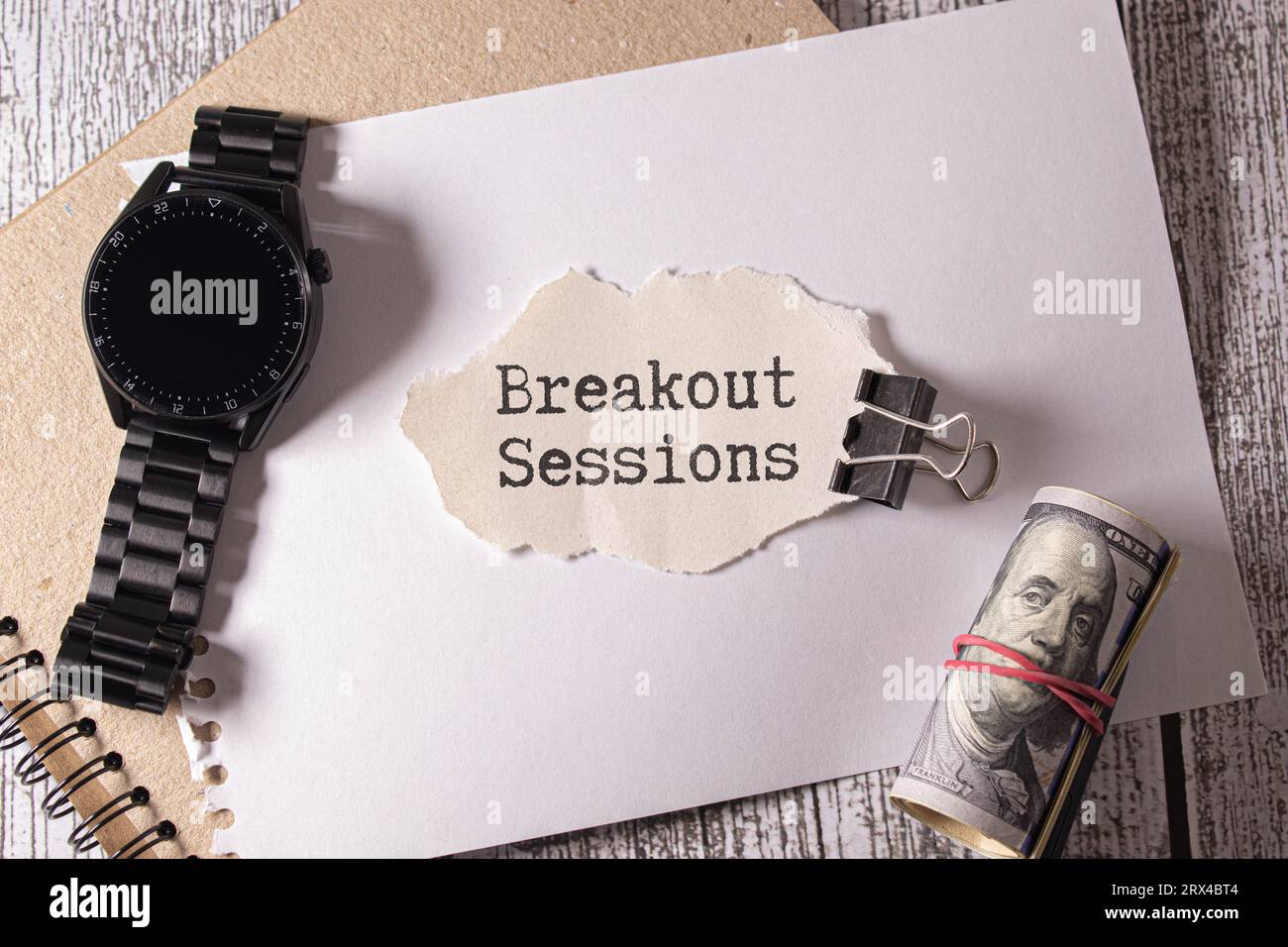 open notepad with spring. a cup of coffee. text Breakout Session Stock ...