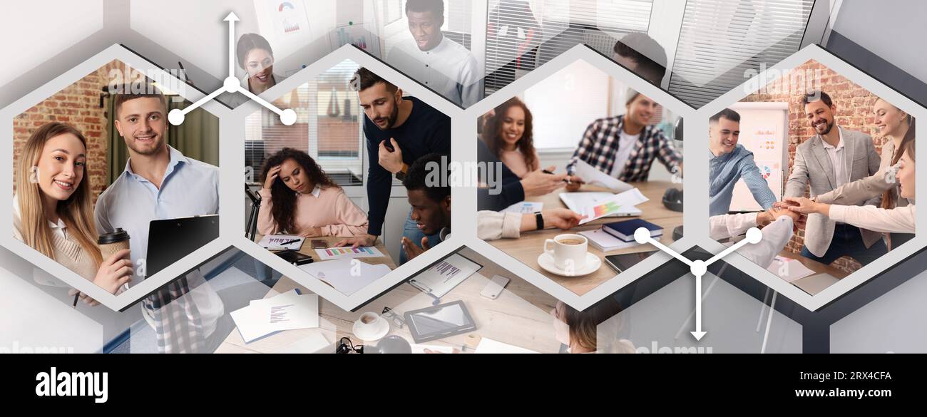 Partner, collaboration. Collage with photos of businesspeople, banner ...