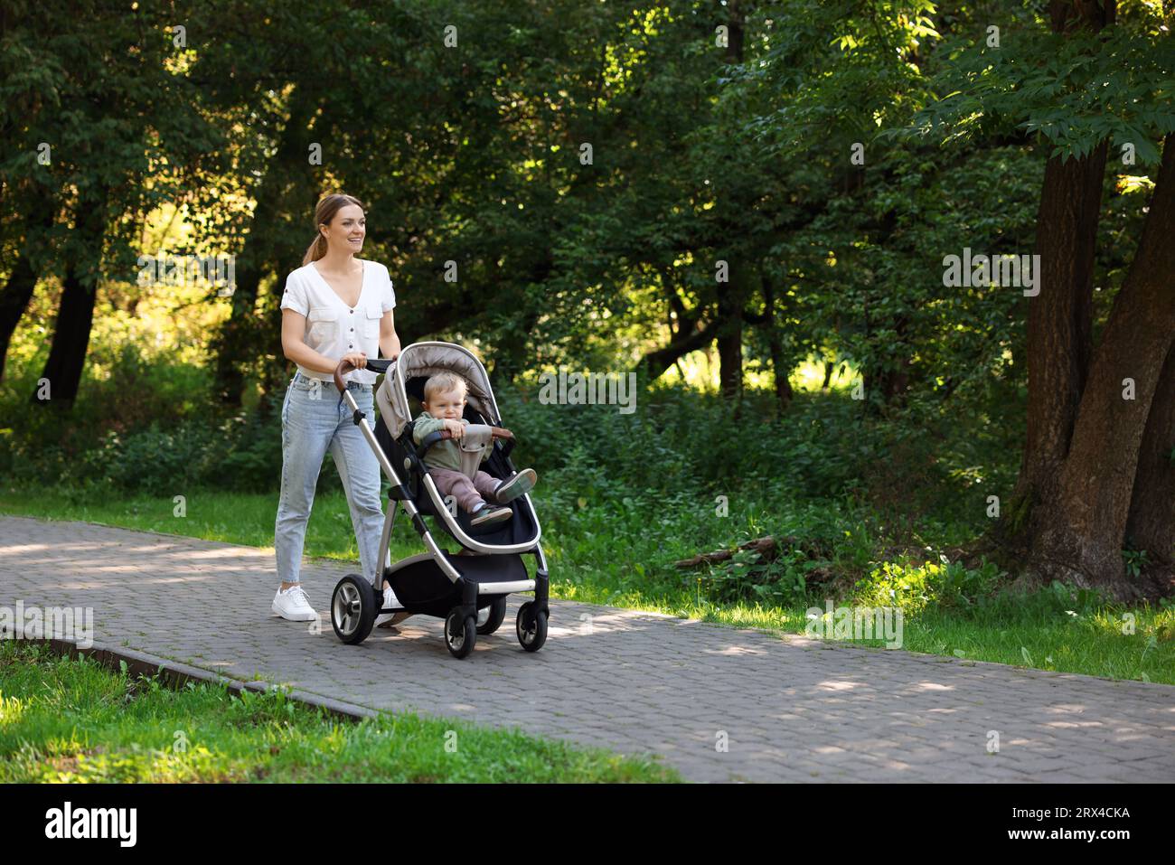 Happy nanny with cute little boy in stroller walking in park, space for ...