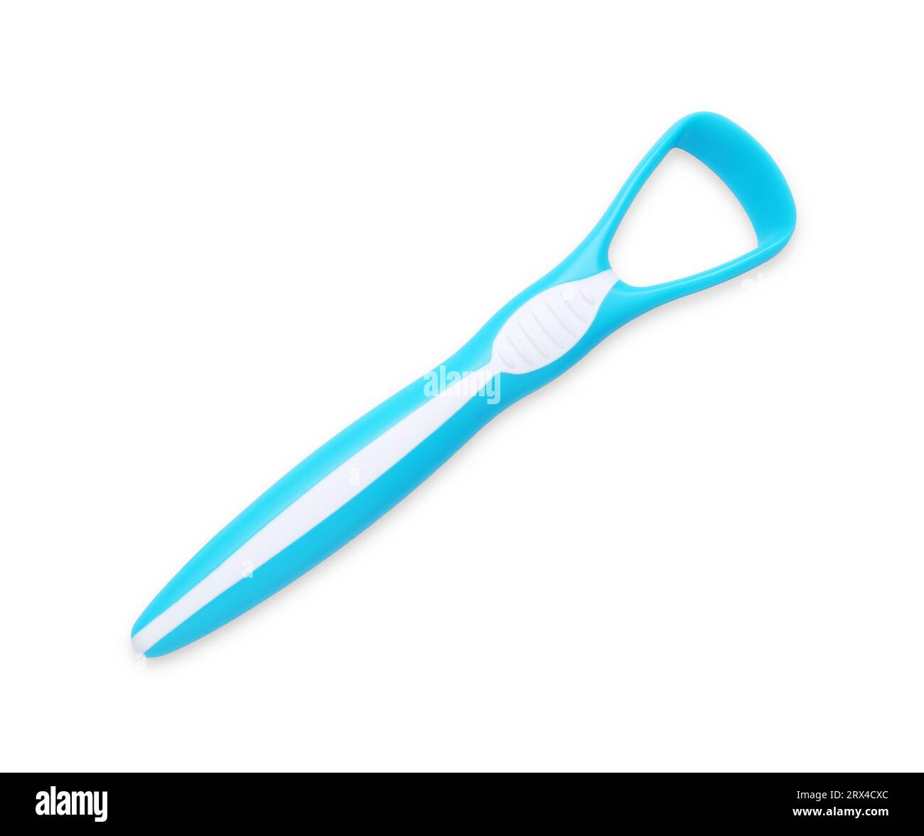 One light blue tongue cleaner isolated on white, top view. Dental care ...