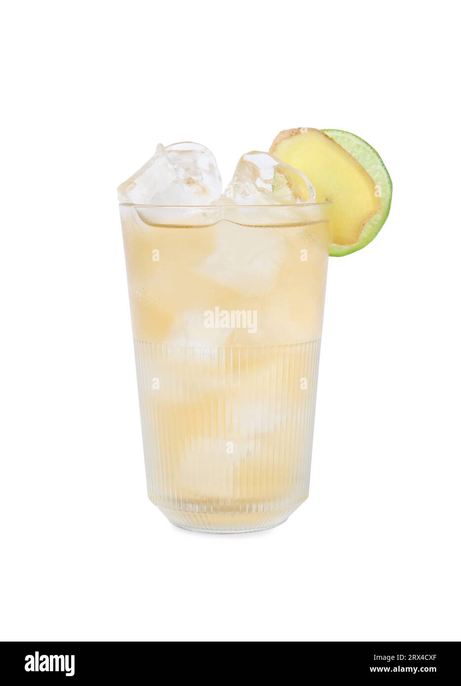 Glass of tasty ale with ice cubes, lime and ginger slices isolated on white Stock Photo - Alamy