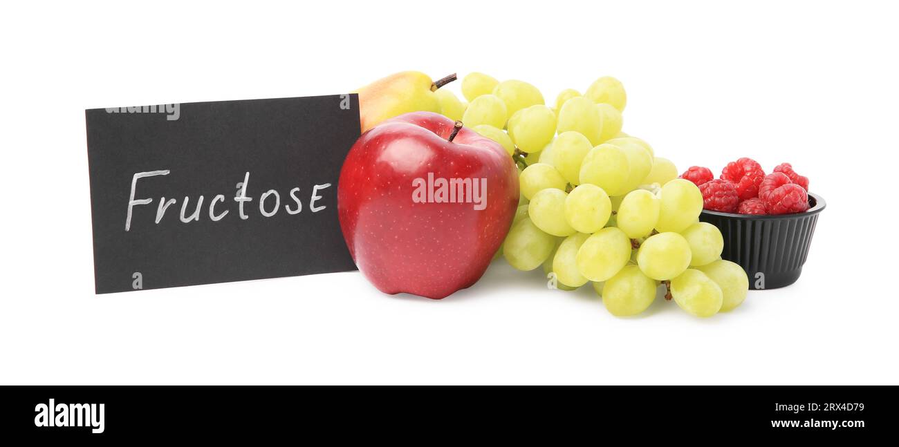 Card with word Fructose, delicious ripe fruits and raspberries on white ...