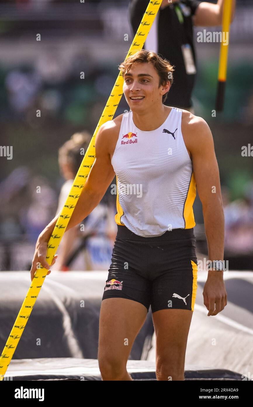 Armand Duplantis (SWE) clears a world record height of 20-4 (6.23 m) to ...