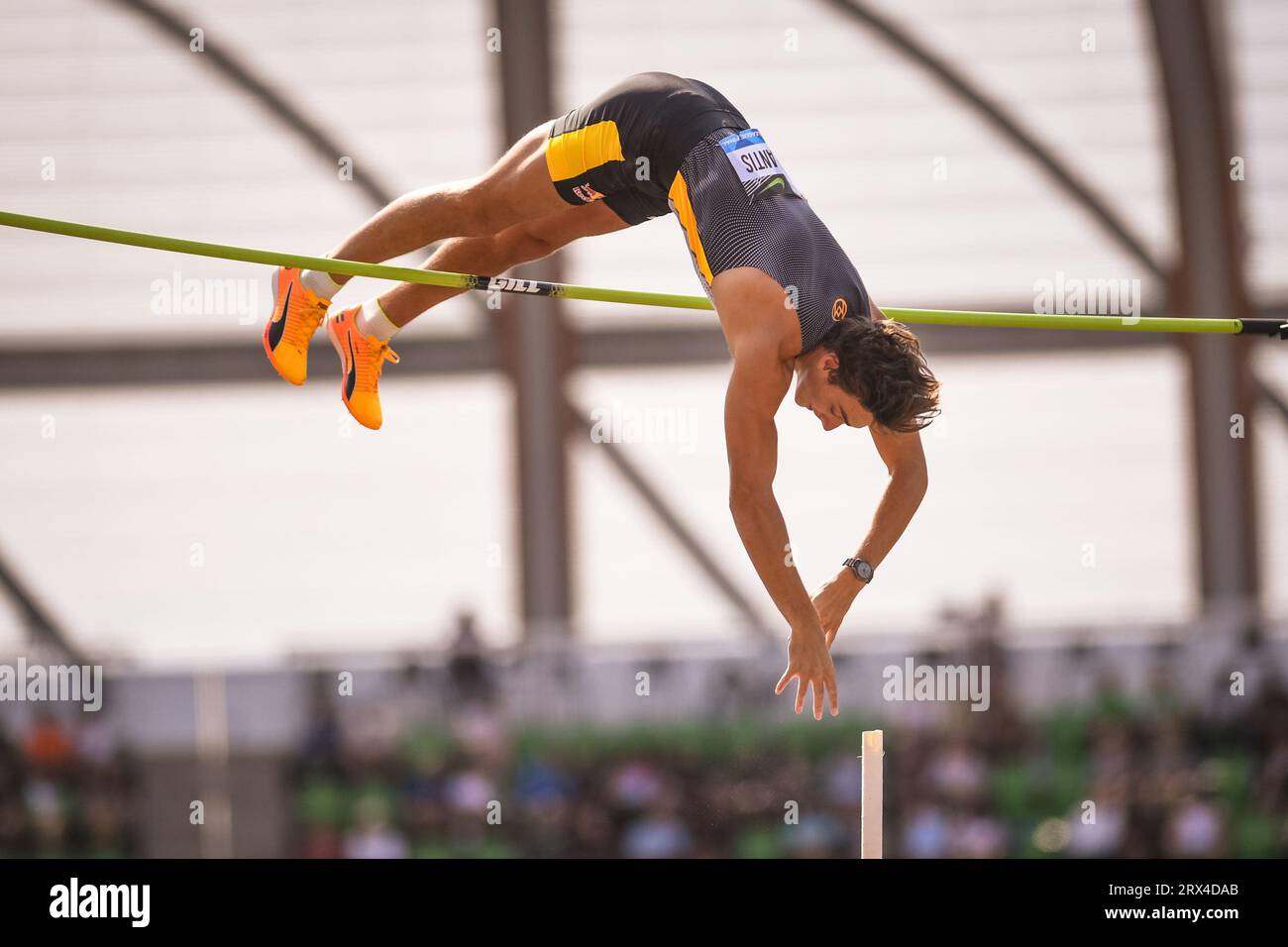 Armand Duplantis (SWE) clears a world record height of 20-4 (6.23 m) to ...