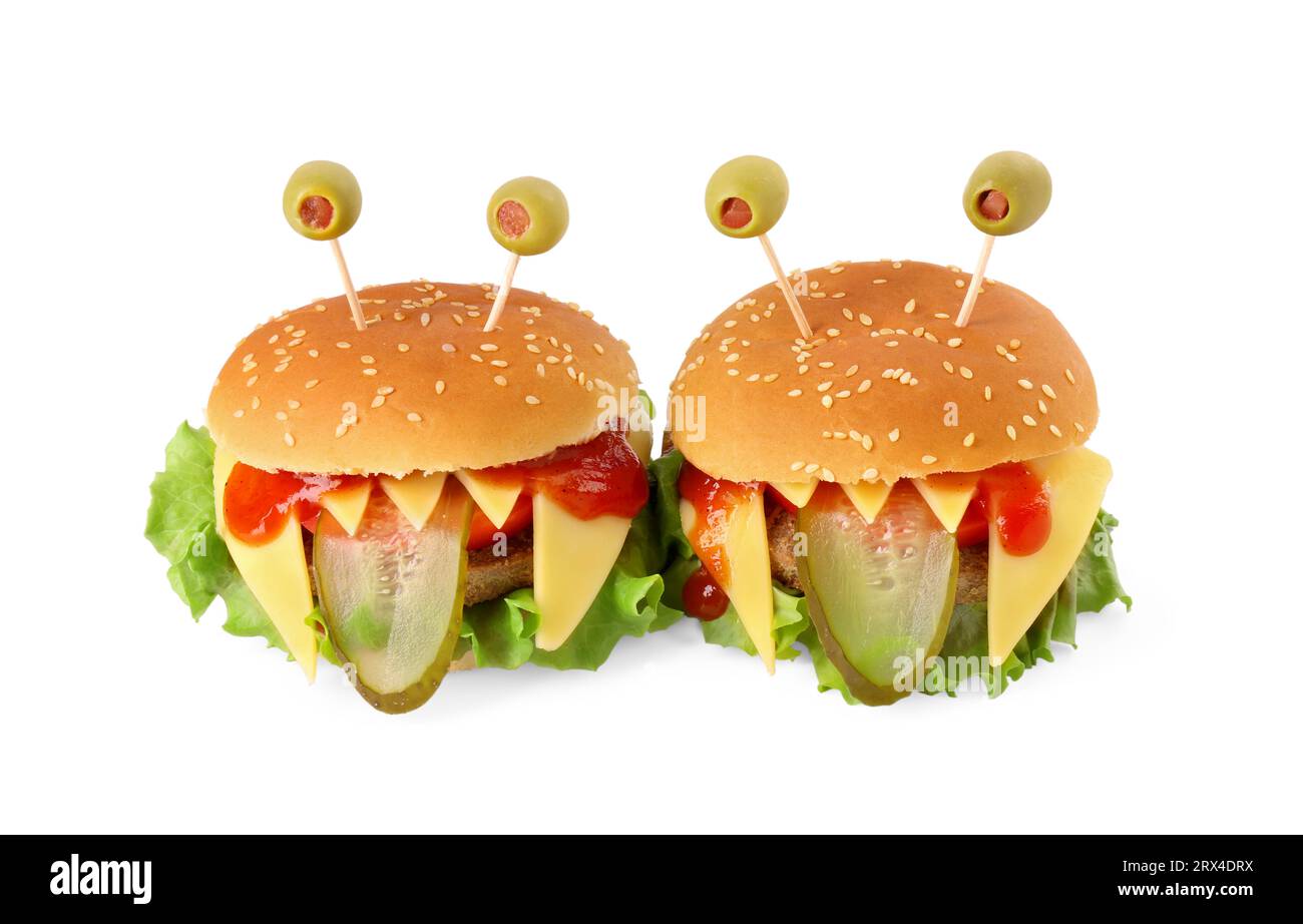 Cute monster burgers isolated on white. Halloween party food Stock ...