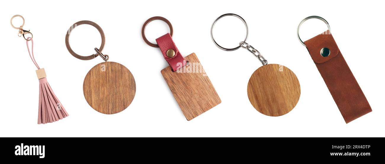 Set of different key chains isolated on white Stock Photo - Alamy