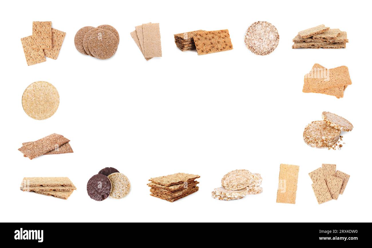 Frame of tasty crispbreads on white background Stock Photo - Alamy