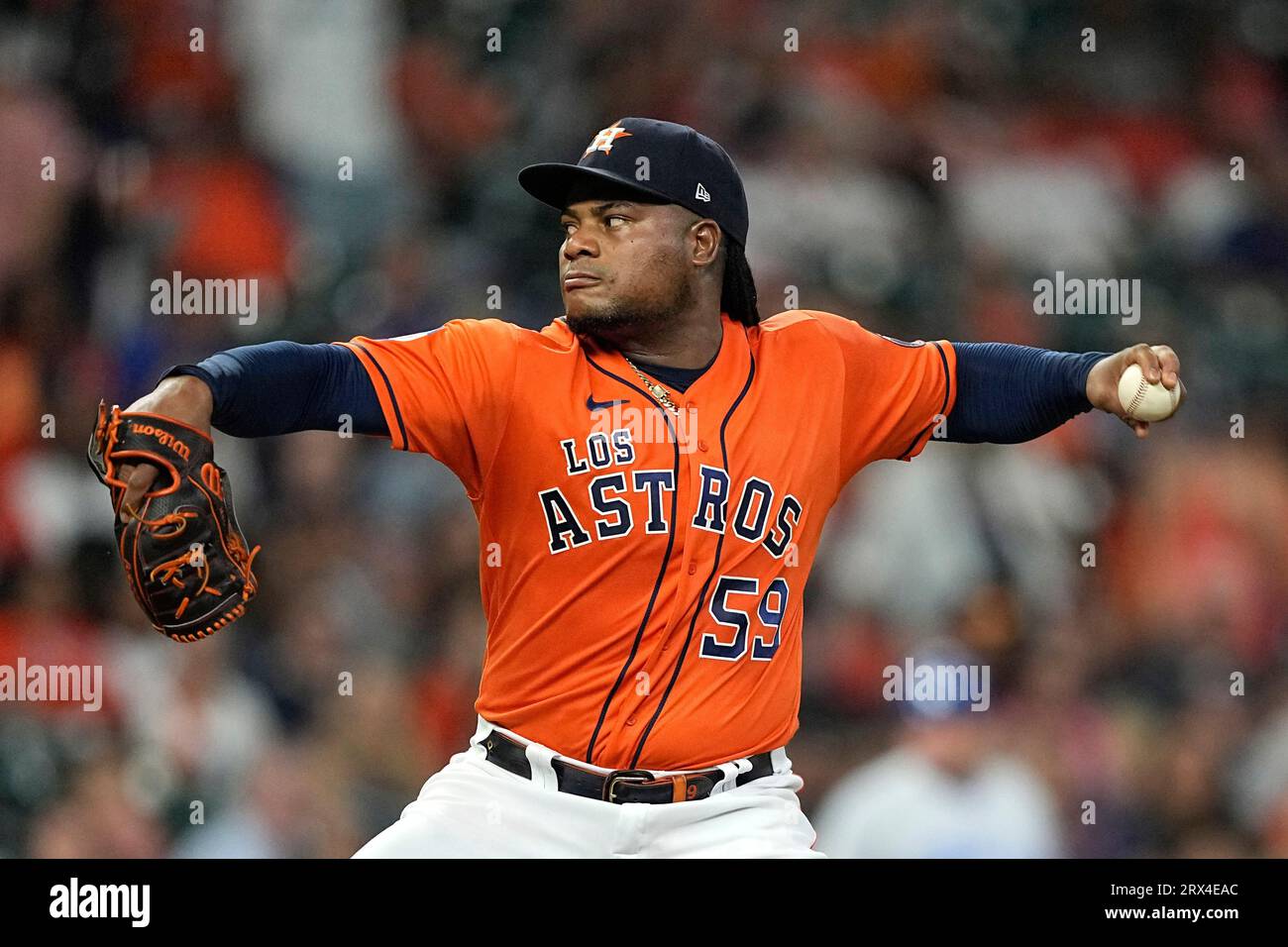 Houston Astros starting pitcher Framber Valdez throws against the Kansas City Royals during the ...