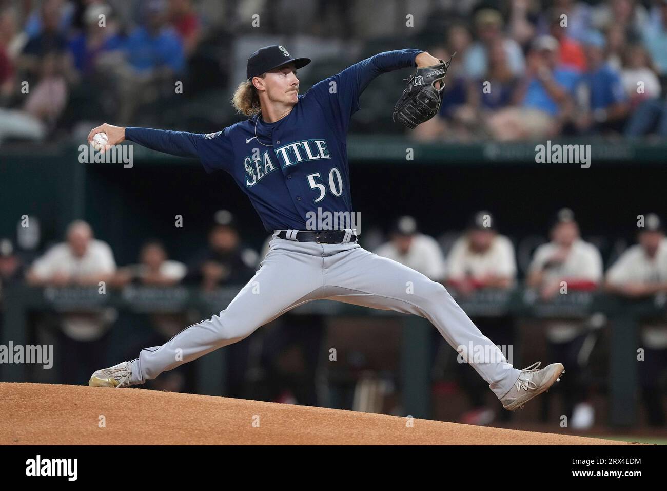 Seattle Mariners starting pitcher Bryce Miller throws to a Texas ...