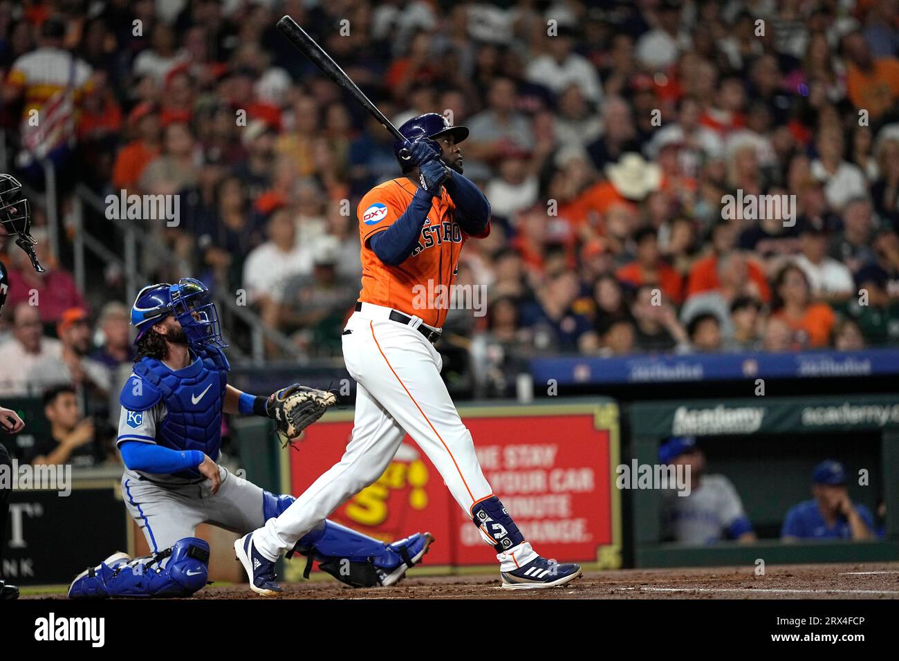 Houston Astros' Yordan Alvarez, right, hits an RBI double as Kansas ... Houston Astros' Yordan Alvarez, right, hits an RBI double as Kansas ...
