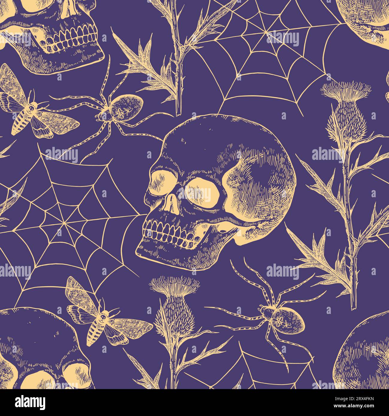 Halloween monochrome seamless pattern with realistic human skull ...