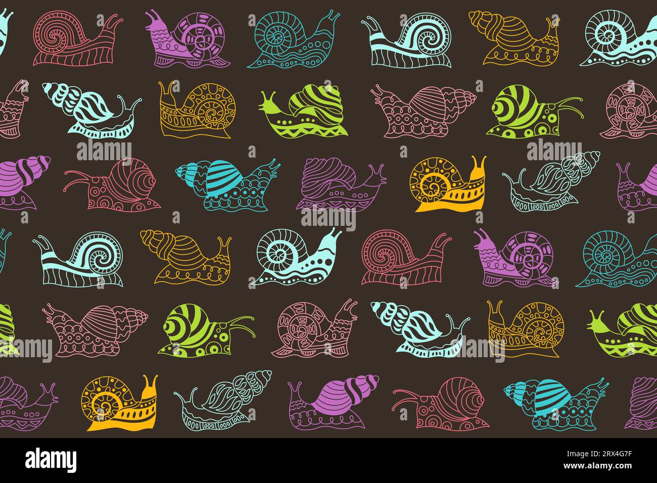 Snail with ornament doodle seamless pattern. Abstract repeat childish linear abstract mollusk ...