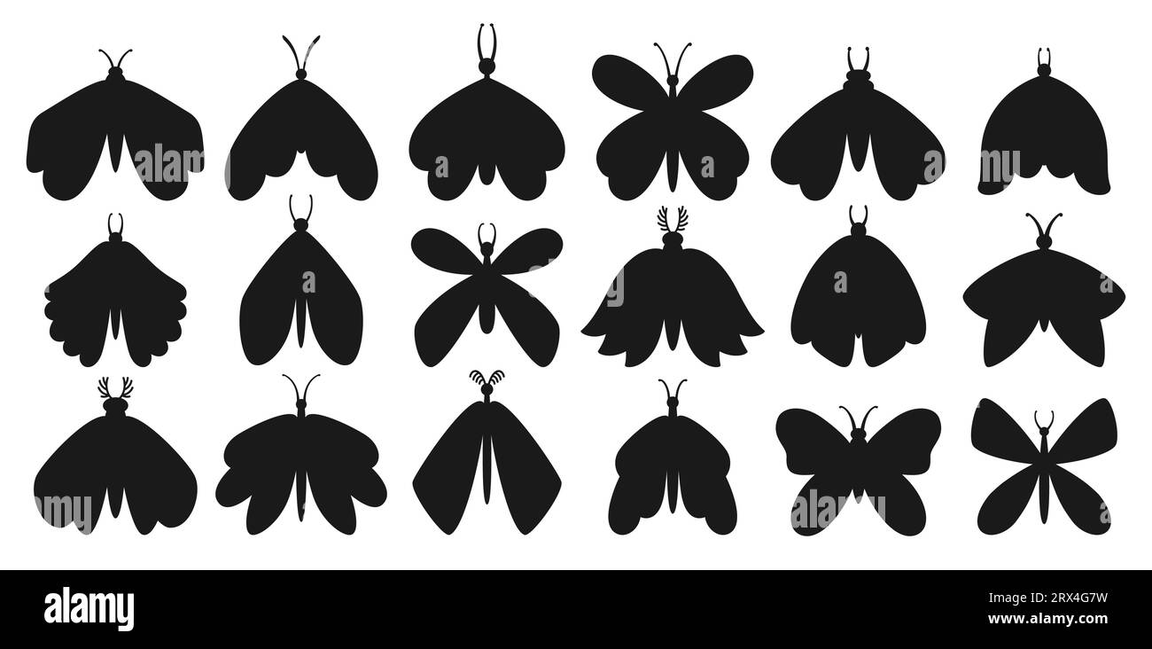 Butterfly or moth silhouette set. Retro bohemian shadow insects with ...