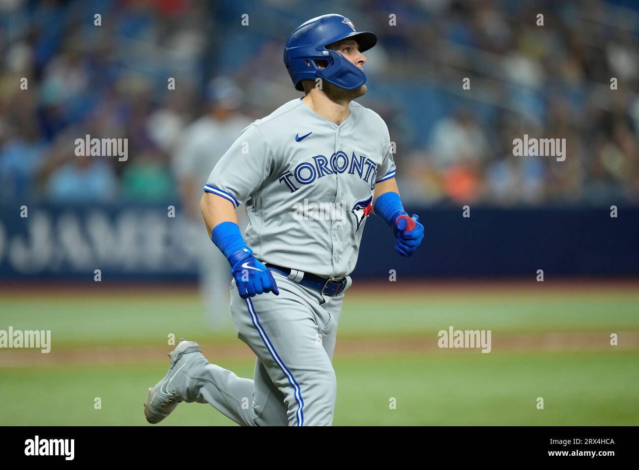 Toronto Blue Jays' Daulton Varsho watches his solo home run off Tampa ...