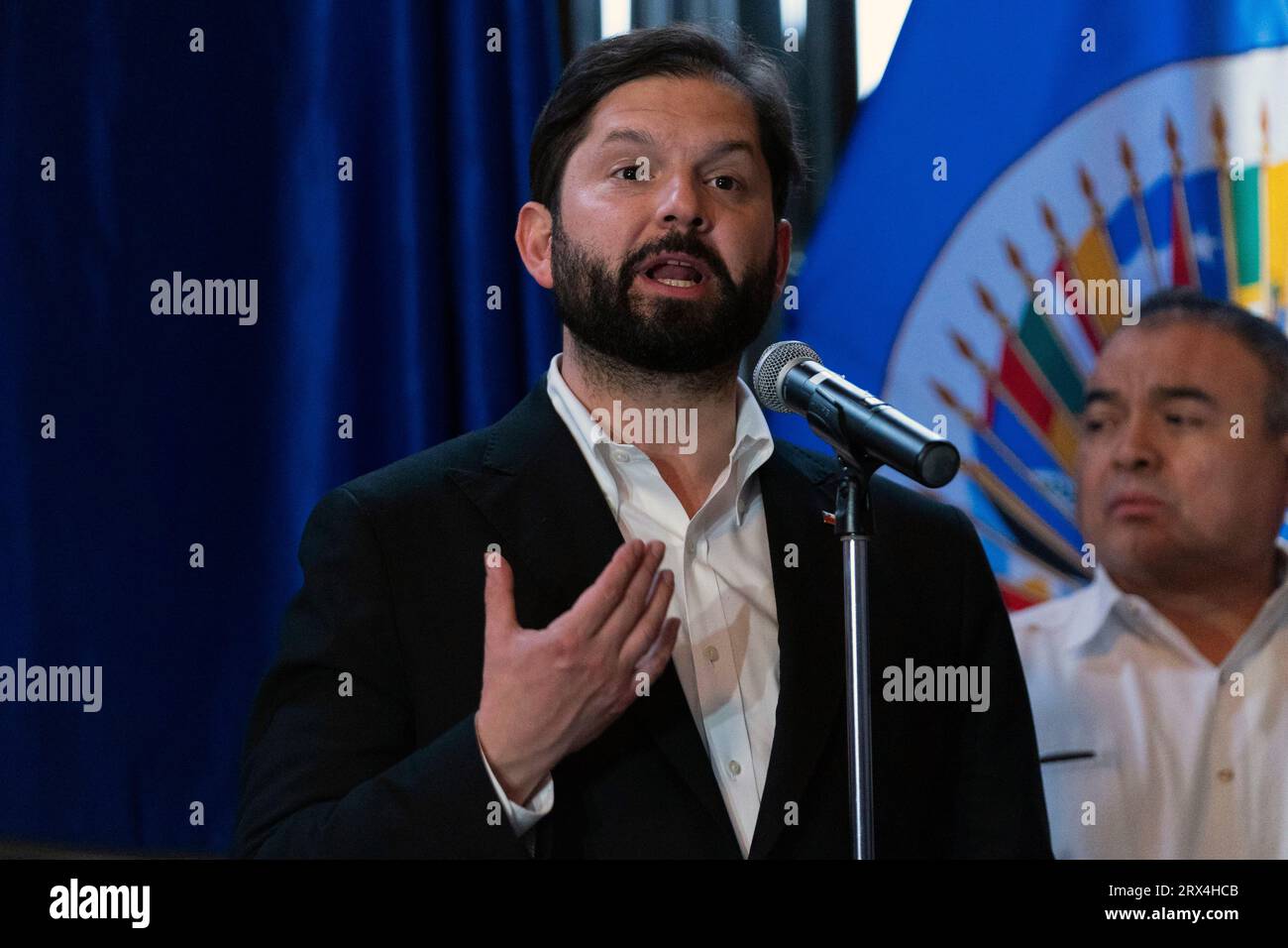 Chile's President Gabriel Boric speaks during the ceremony to unveil a ...