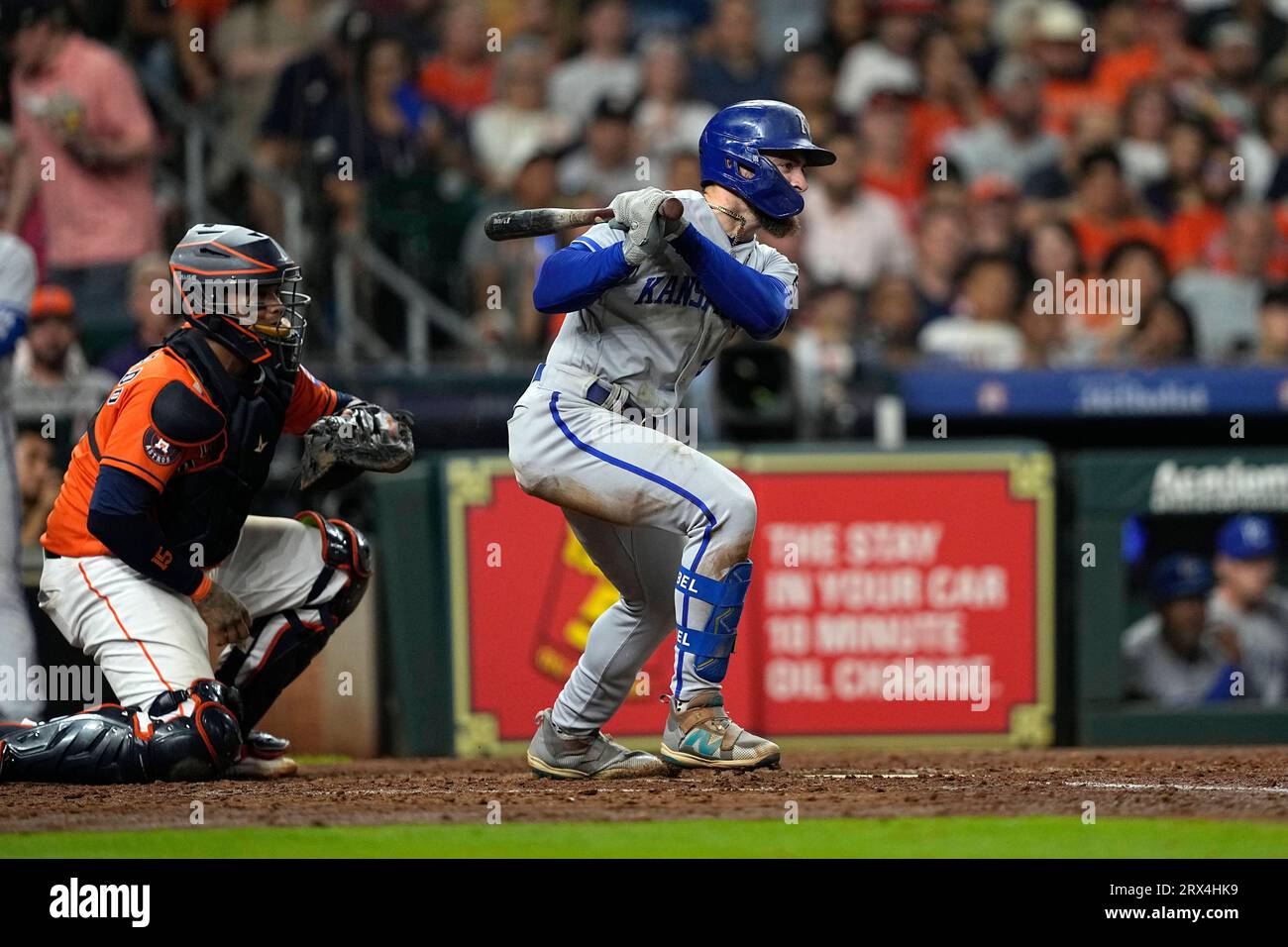Kansas City Royals' Kyle Isbel, rigth, hits a two-run single as Houston ...