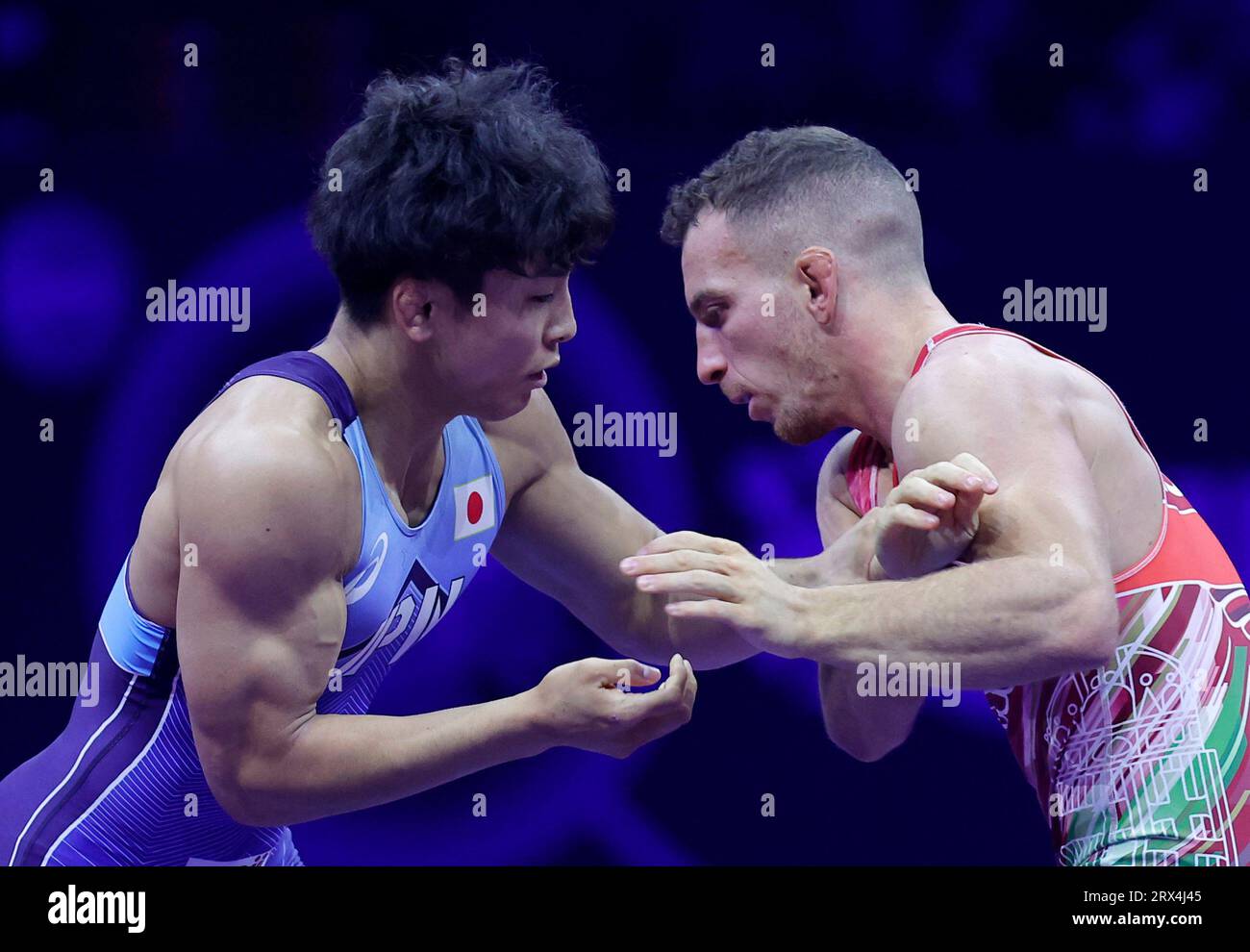 Belgrade. 22nd Sep, 2023. Japan's Harada Shingo (L) and Hungary's ...