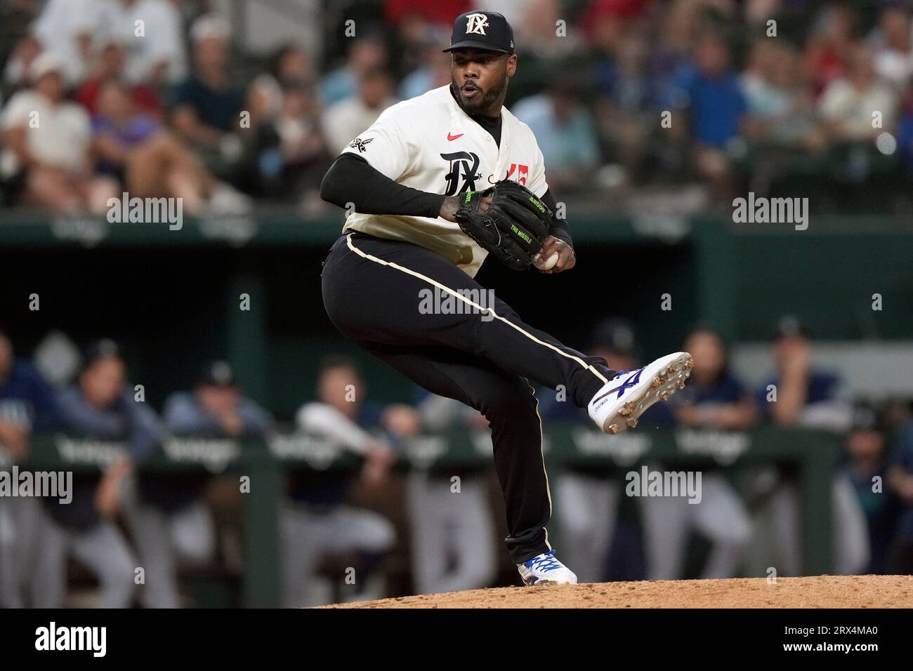 Texas Rangers closer Aroldis Chapman winds up during the ninth inning ...