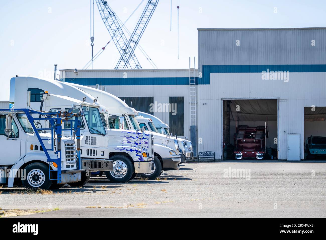 Different makes and models of the big rig semi trucks standing in row ...