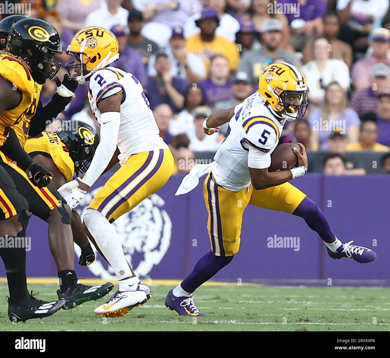 LSU Tigers quarterback Jayden Daniels (5) rush for some yardage during ...
