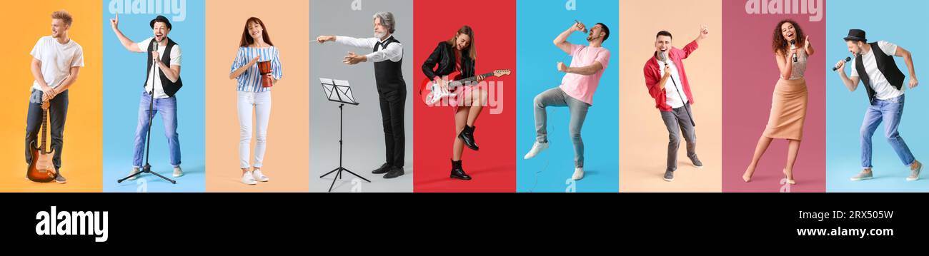 Set of people playing musical instruments and singing on color ...