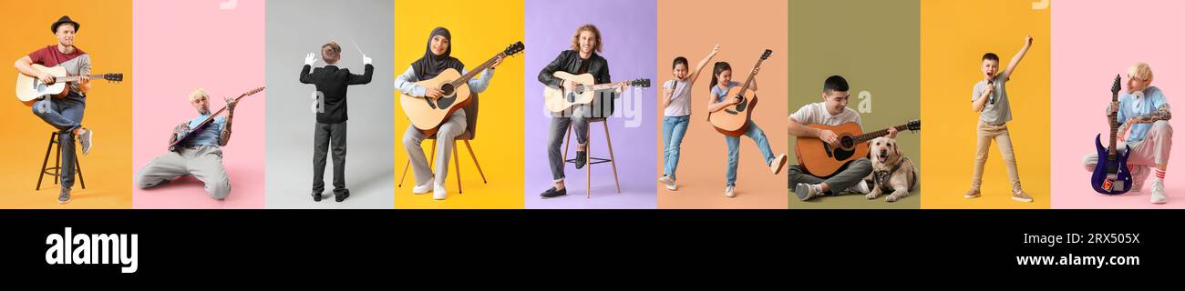 Set of people playing musical instruments and singing on color ...