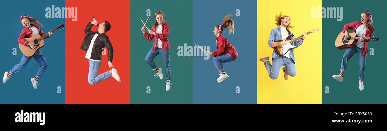 Set of people playing musical instruments and singing on color ...