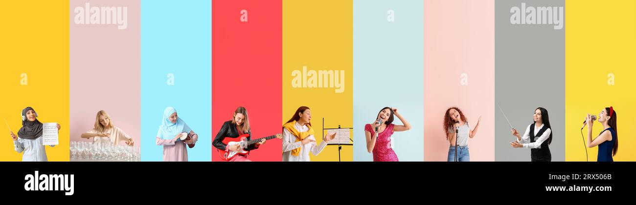 Set of women playing musical instruments and singing on color ...