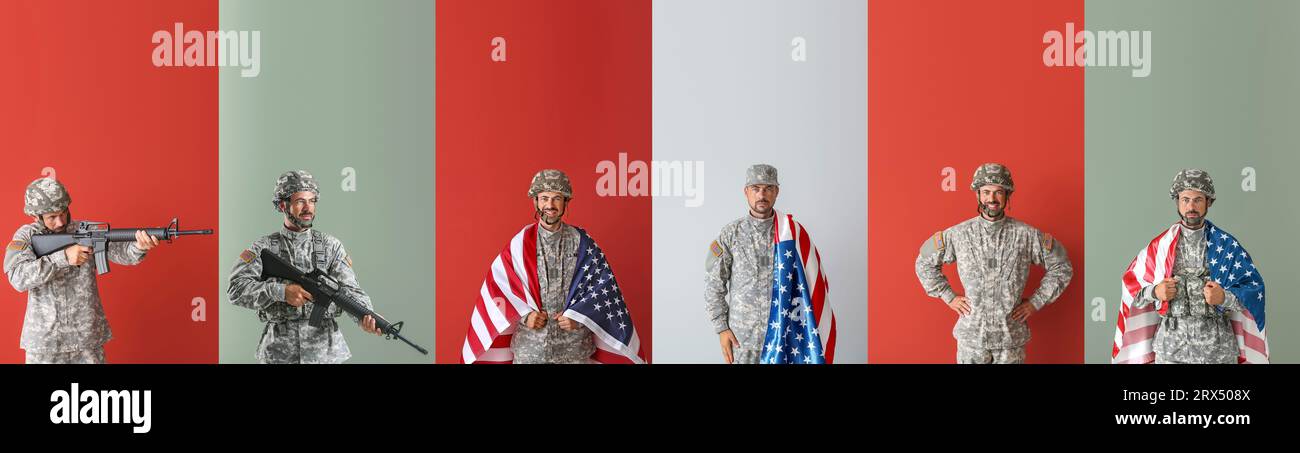 Collage with many American soldiers on color background Stock Photo - Alamy