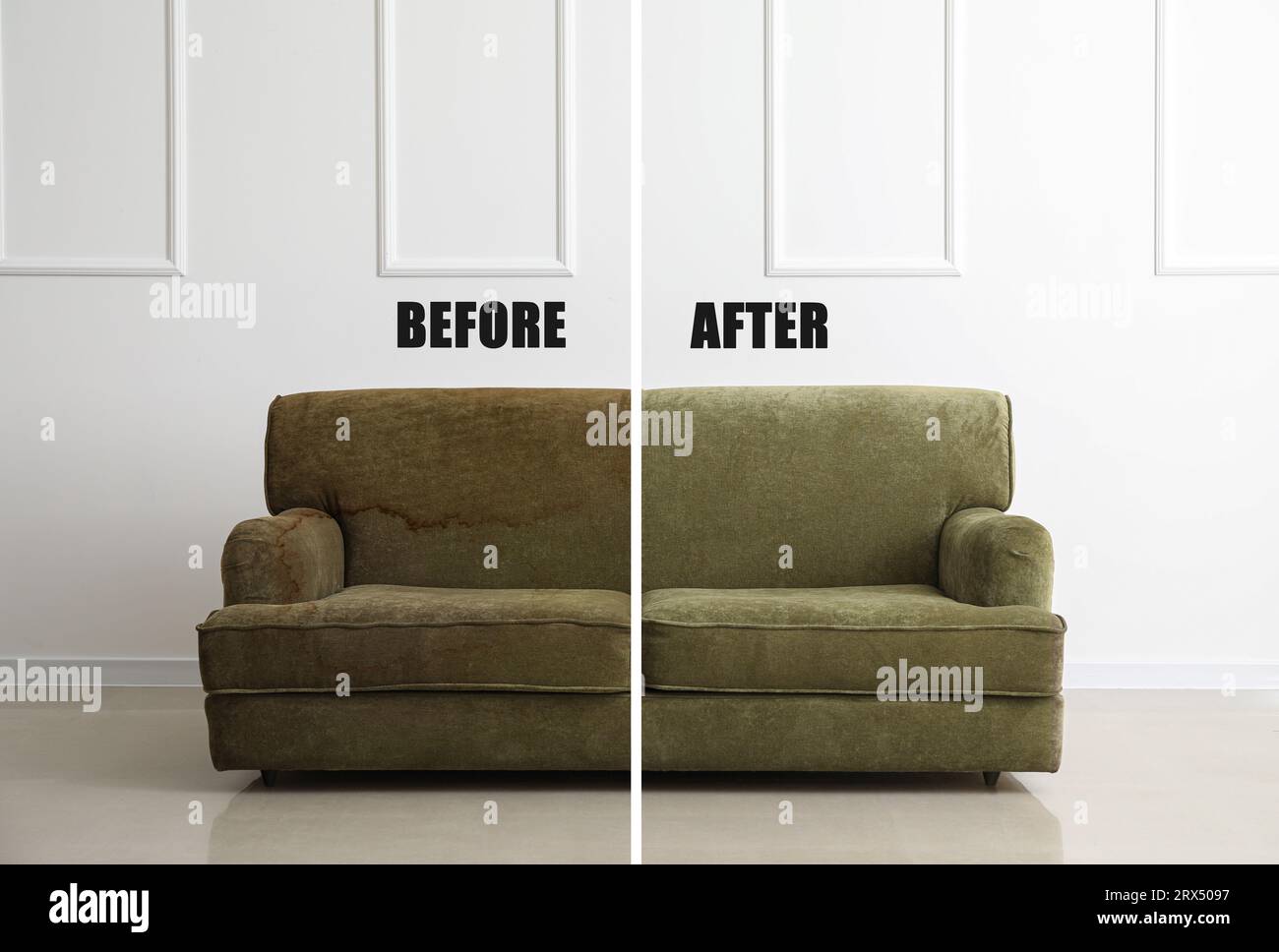 Sofa before and after dry-cleaning in room Stock Photo - Alamy