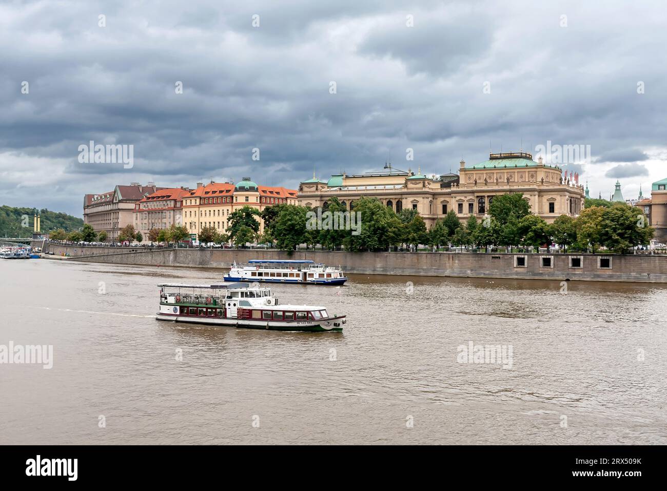 Cruise ships on the Vltava River, Rudolfinum, and Prague Conservatory ...