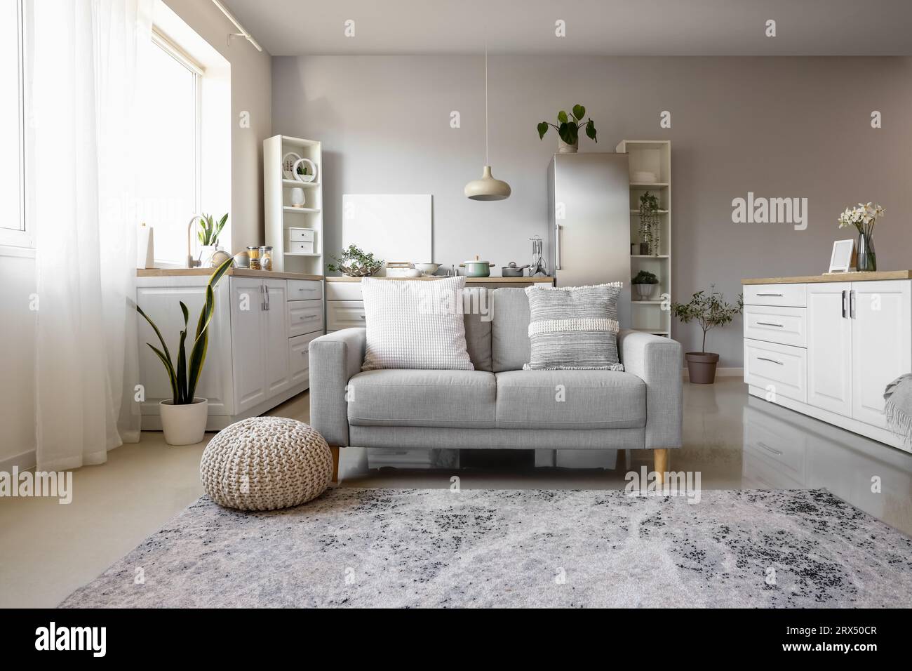 Interior of light kitchen with stylish fridge, counters, sofa and ...