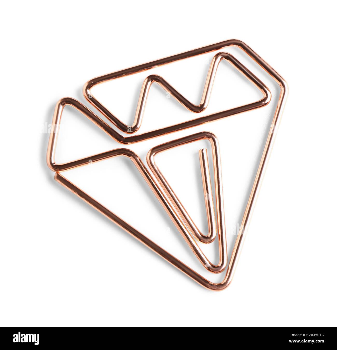 Rose gold paper clip in shape of diamond on white background Stock ...