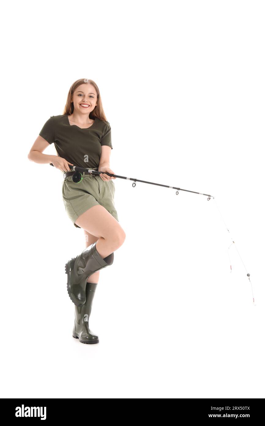 Happy young woman with fishing rod on white background Stock Photo - Alamy