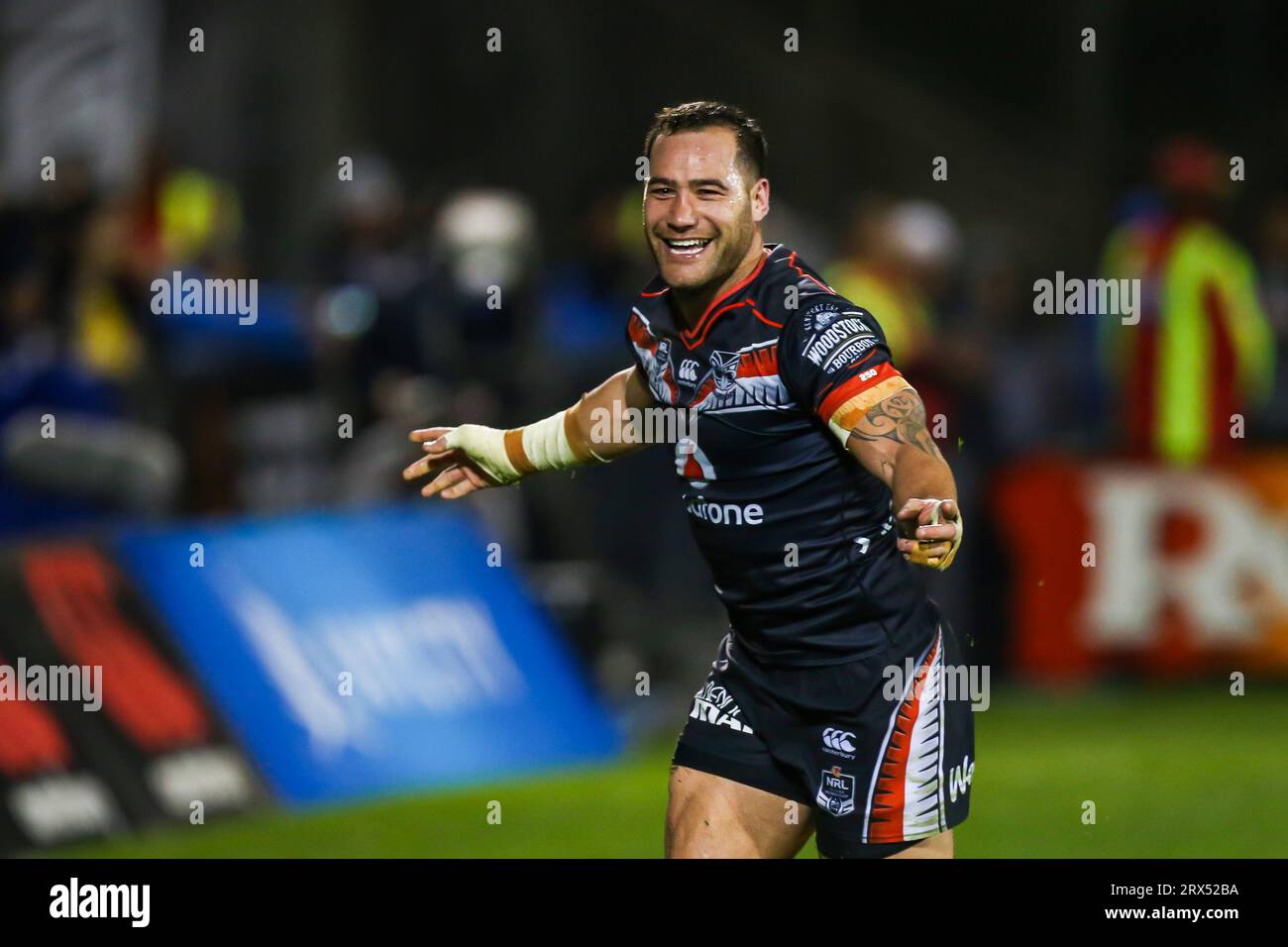 Bodene Thompson of the Warriors celebrates scoring a try during the ...