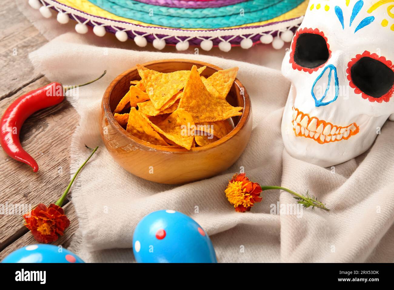 Poncho with food and Mexican symbols for Independence Day on wooden ...