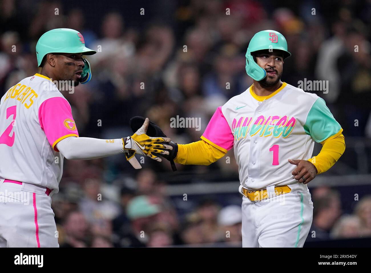 San Diego Padres' Trent Grisham (1) celebrates with teammate Xander ...