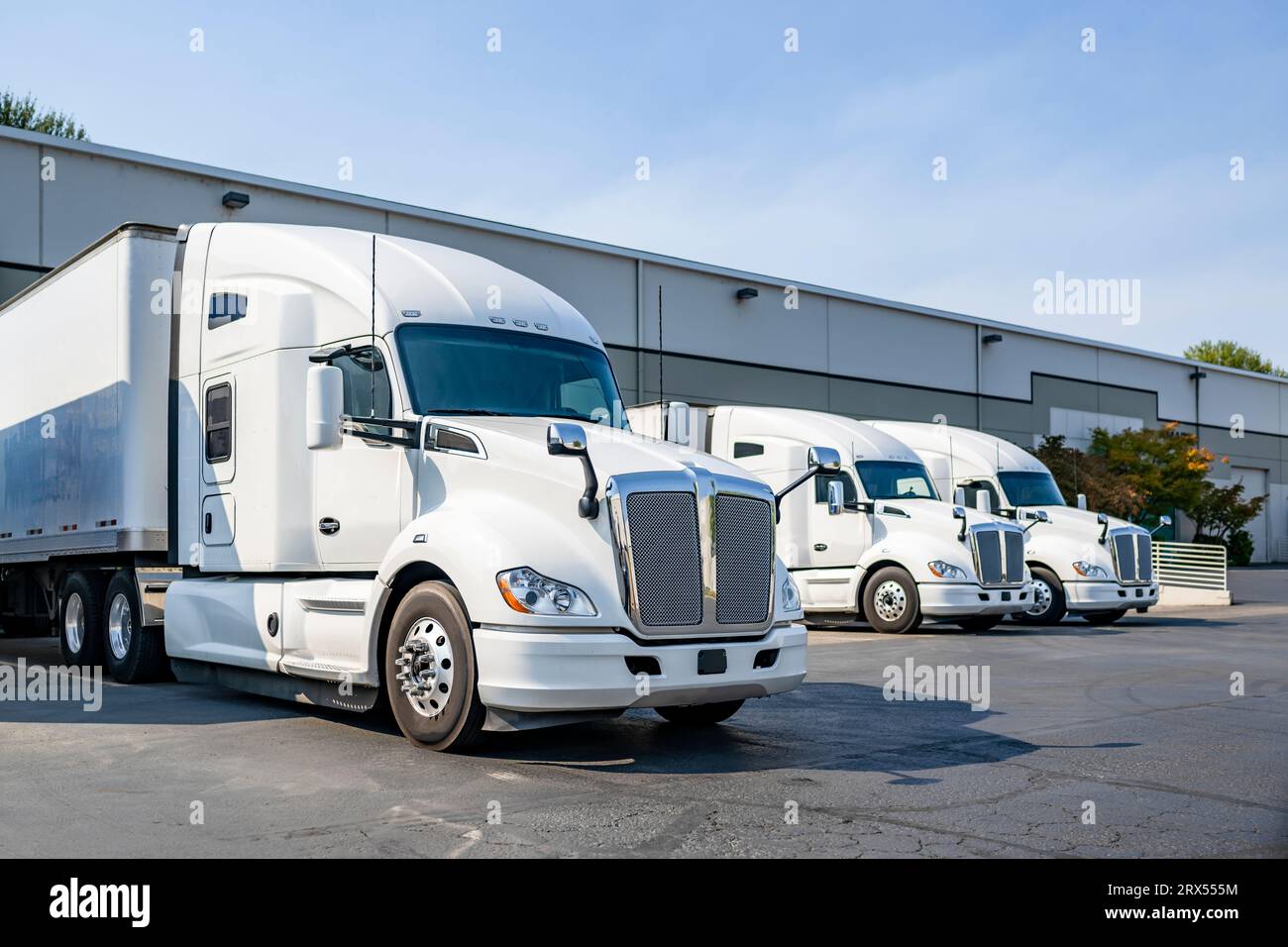 Industrial long hauler carriers white big rig semi trucks tractors with ...