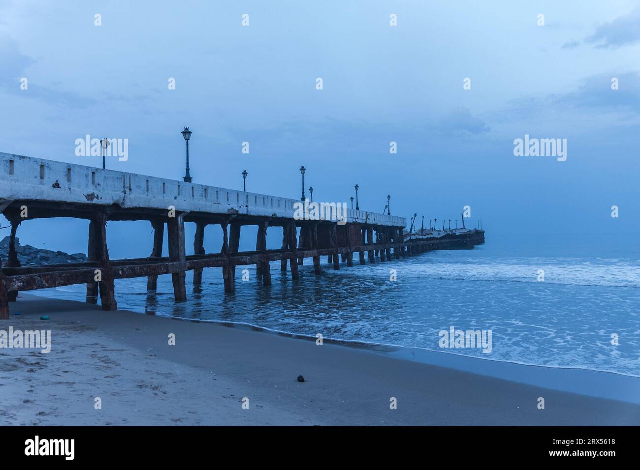 beach side view bridge in a sunset evening, Pondicherry India Stock ...