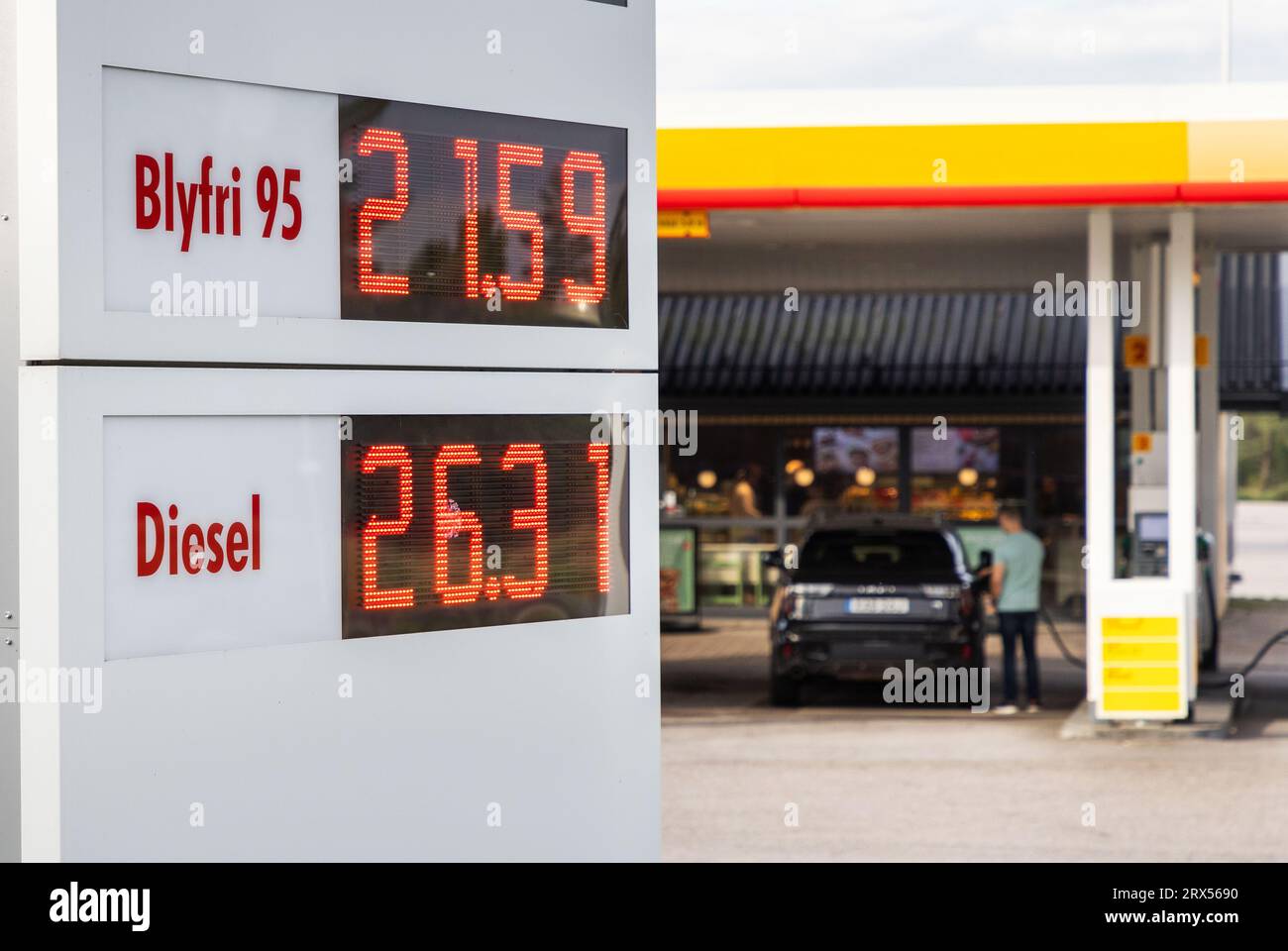 Fuel prices along highway E4, Herrbeta, Sweden, during Friday Stock ...