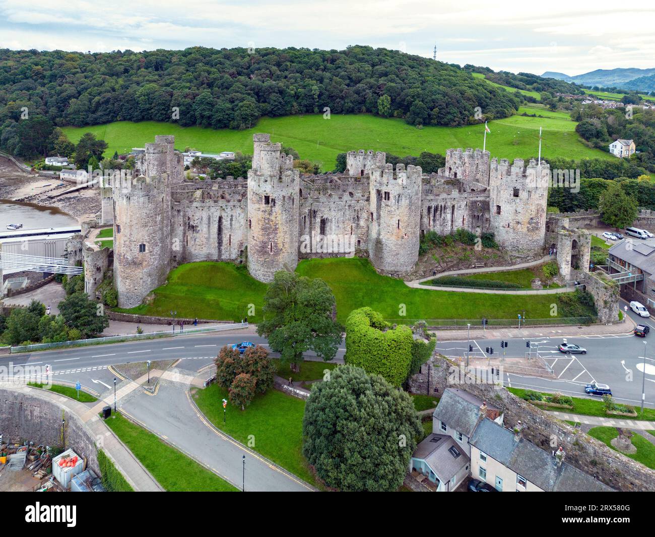 Aerial view of Conwy Castle in the town of Conwy in North Wales. It was ...