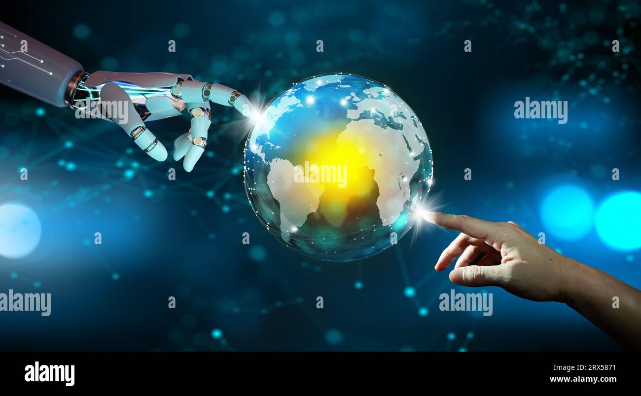 Robot hand and human hand pointing crystal digital world. Global ...